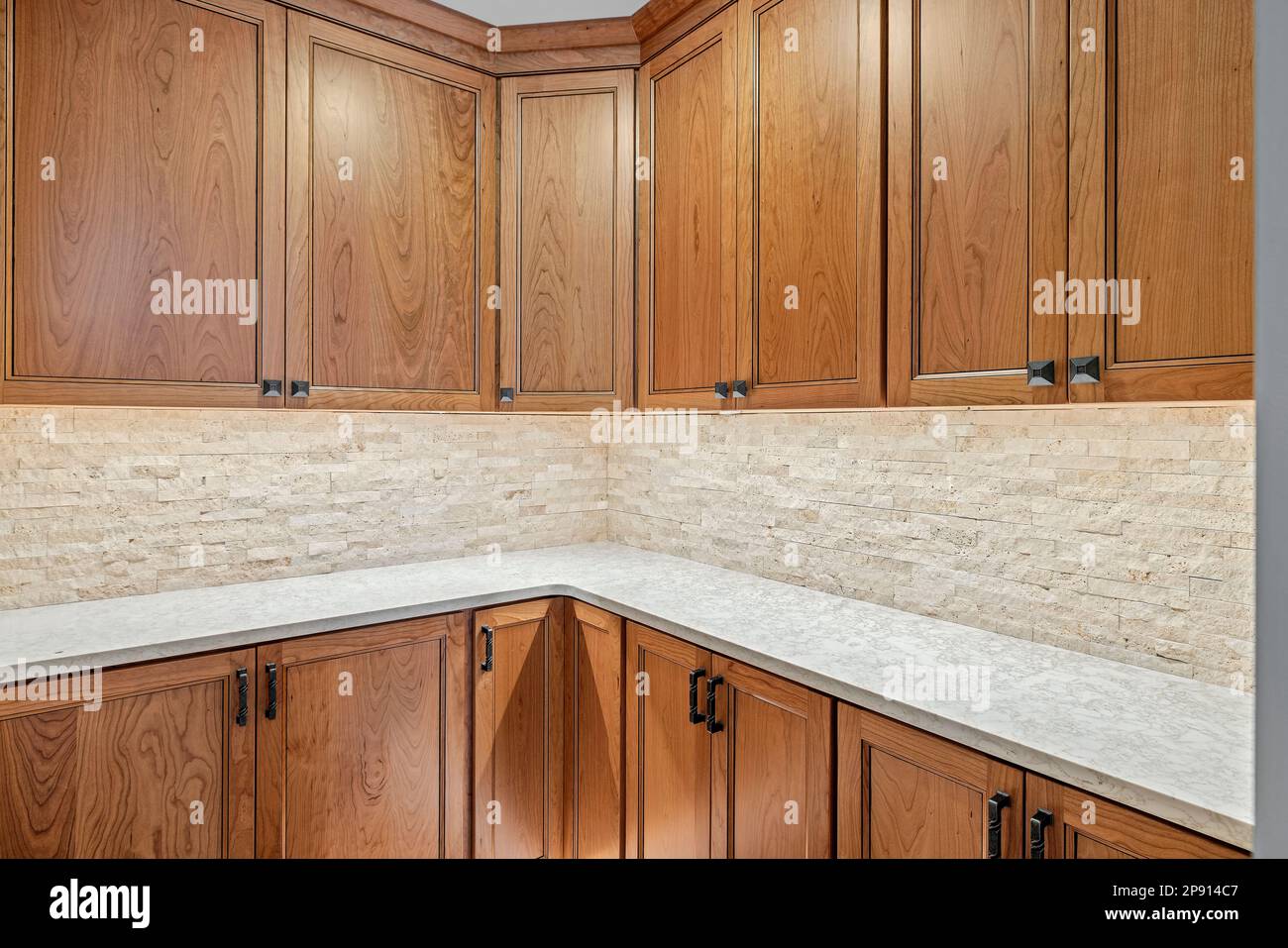 The modern wood kitchen with a marble counter Stock Photo - Alamy