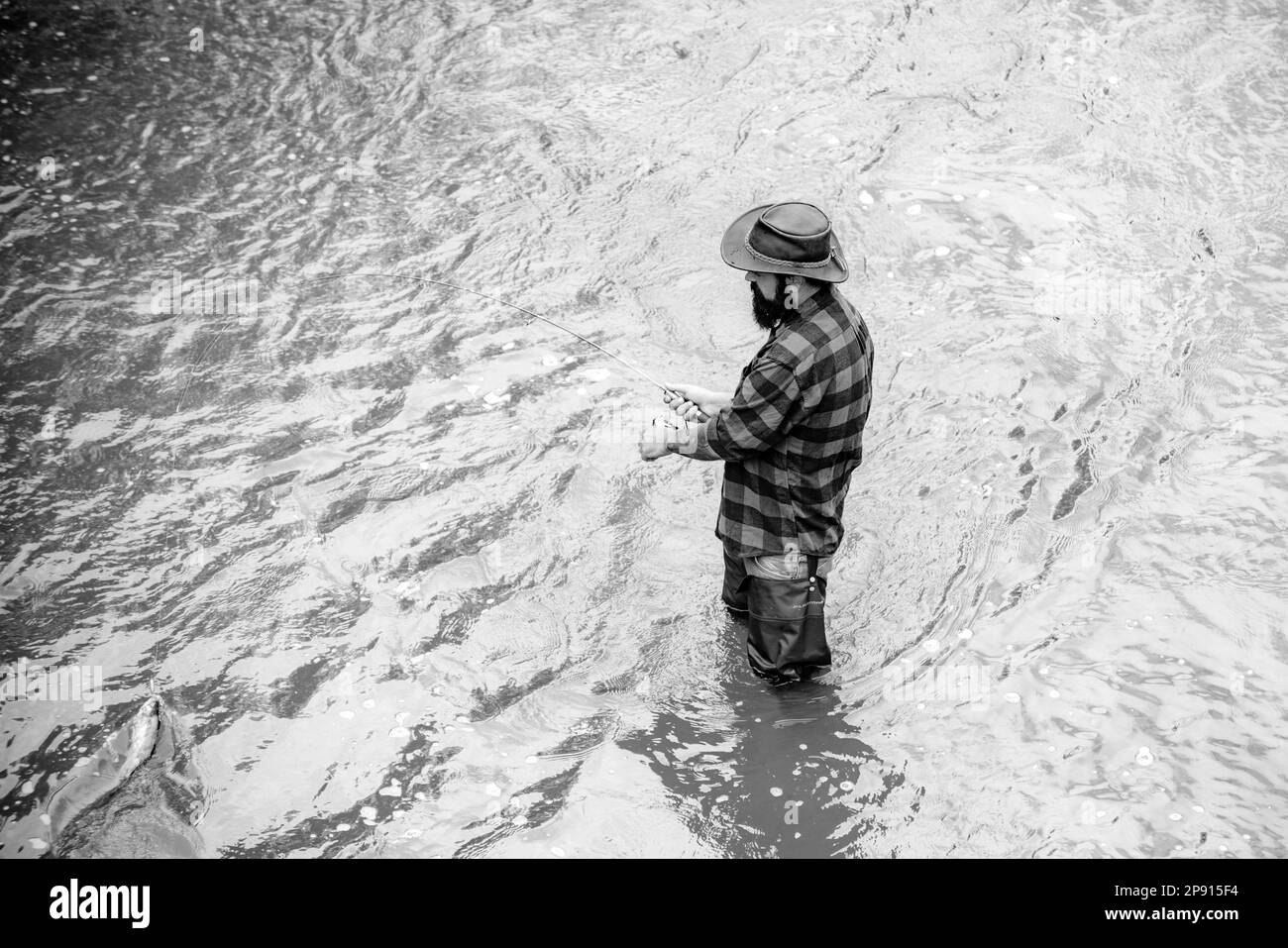 Man fishing in water. Bearded man catching fish. Young man fishing ...