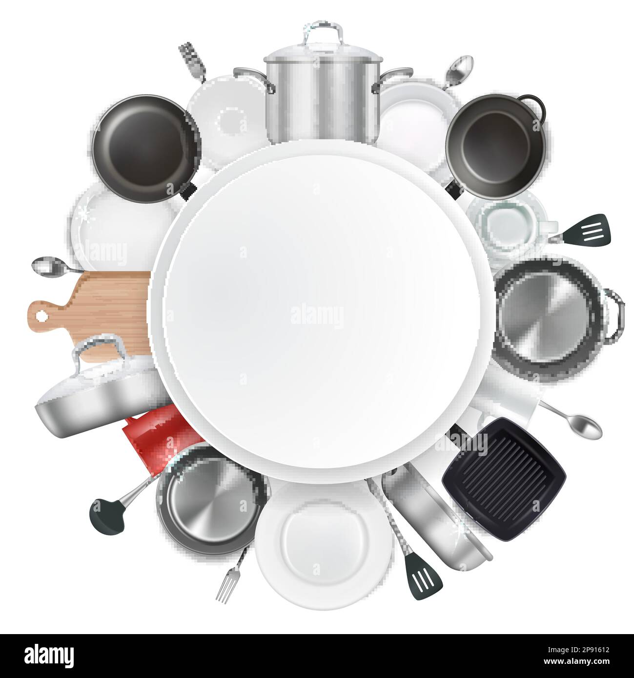 Frame with kitchen utensils and dishes, realistic vector illustration ...