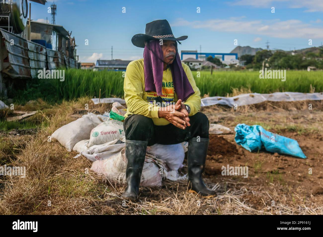 A farmer sits on sacks of manure on a small agricultural land in Teresa ...