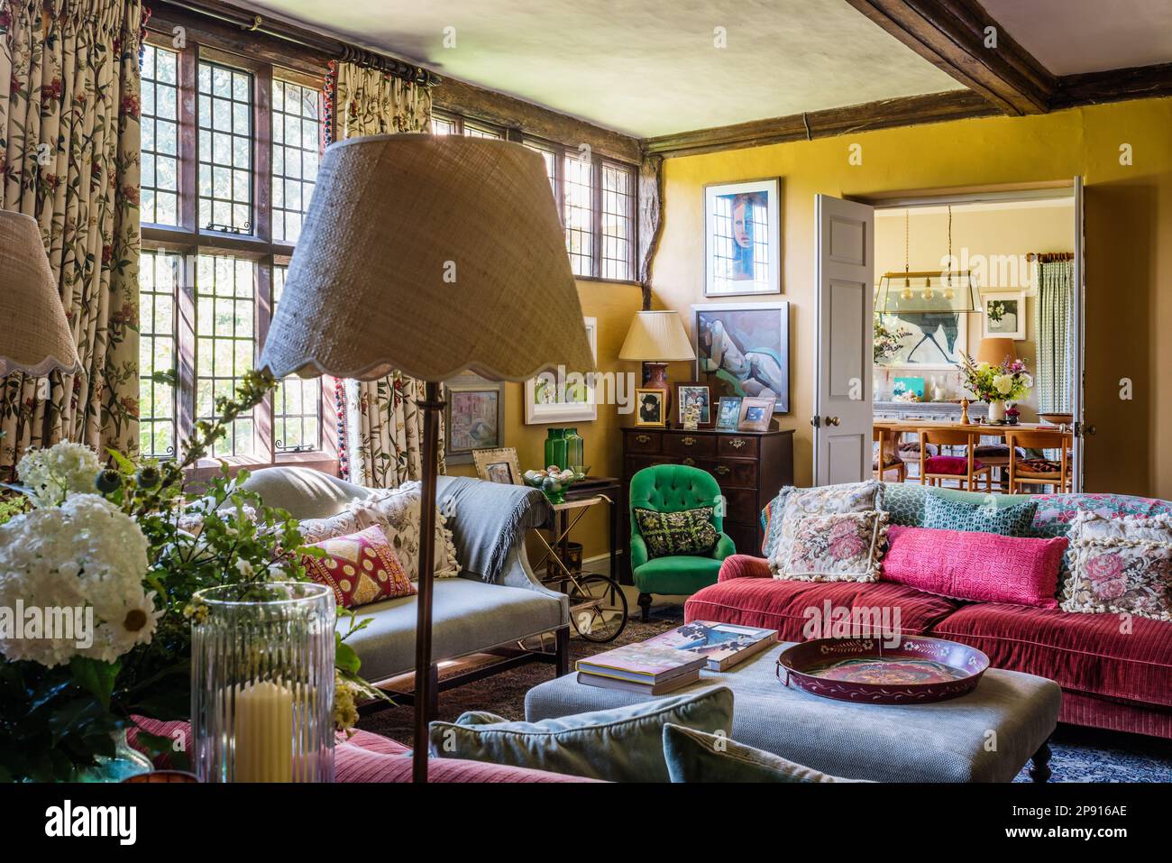 Large living room with leaded glass windows in 16th century Elizabethan ...