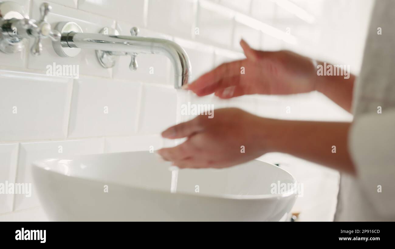 Woman cleaning hands with soap, water and care for wellness, healthy ...