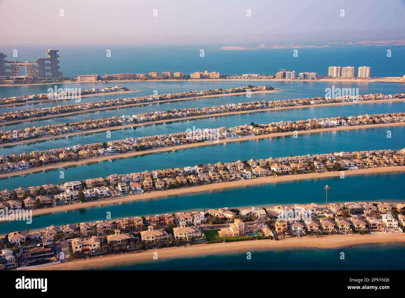 Palm Jumeirah island in Dubai on sunset, modern architecture, beaches ...