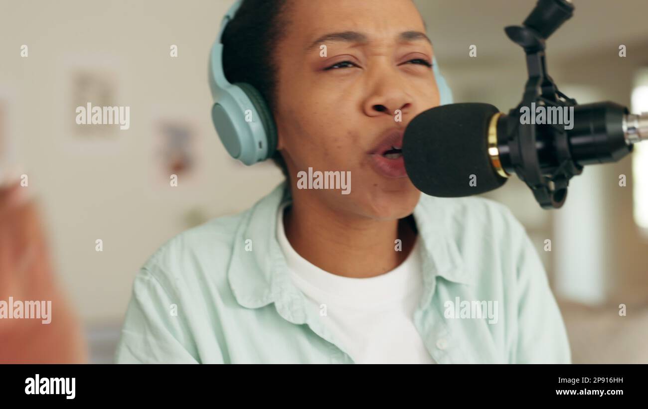 Podcast, radio and broadcast woman having a serious talk while live ...