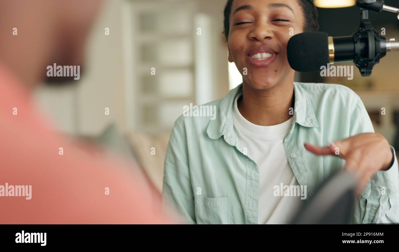 Black woman, radio microphone and podcast talking in social media ...