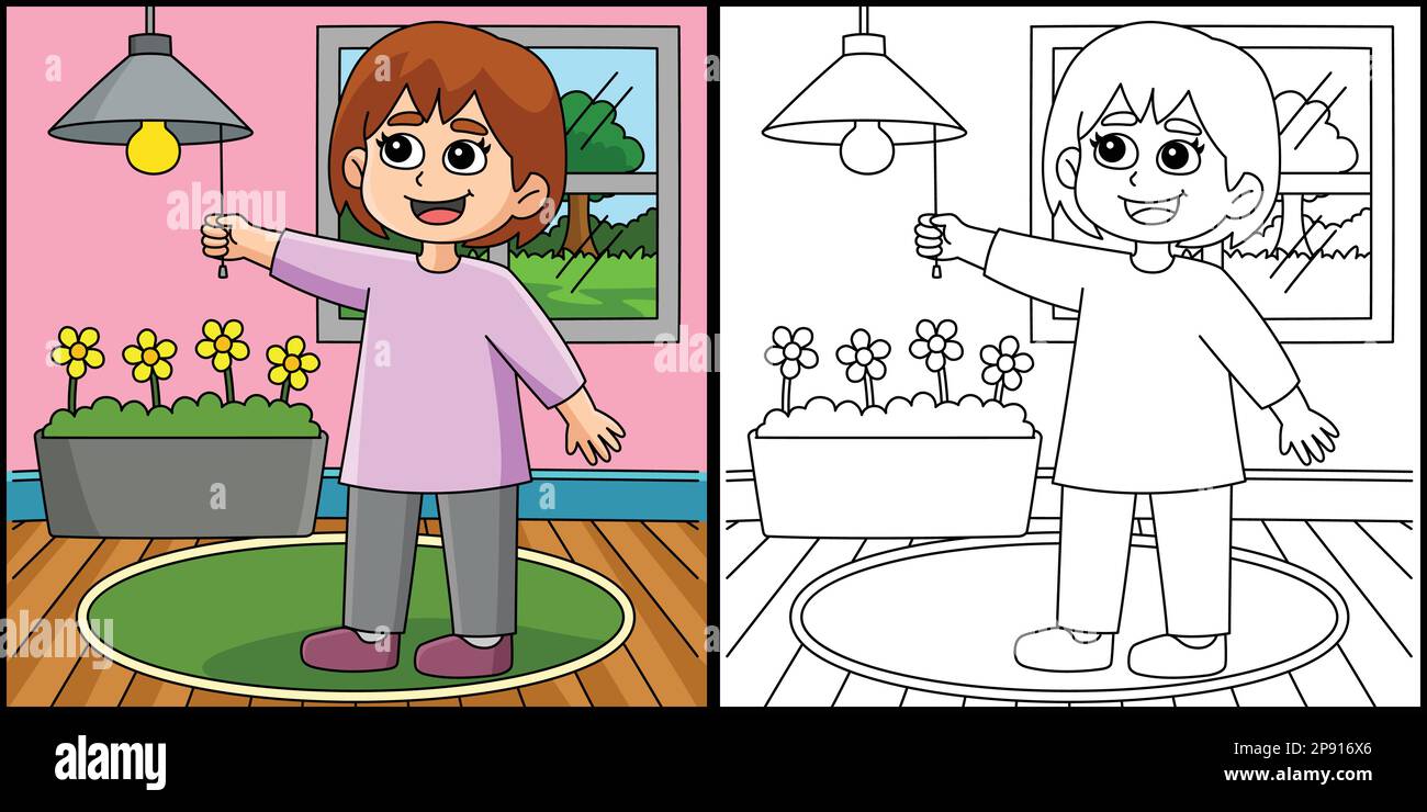 Girl Conserving Energy Coloring Page Illustration Stock Vector Image