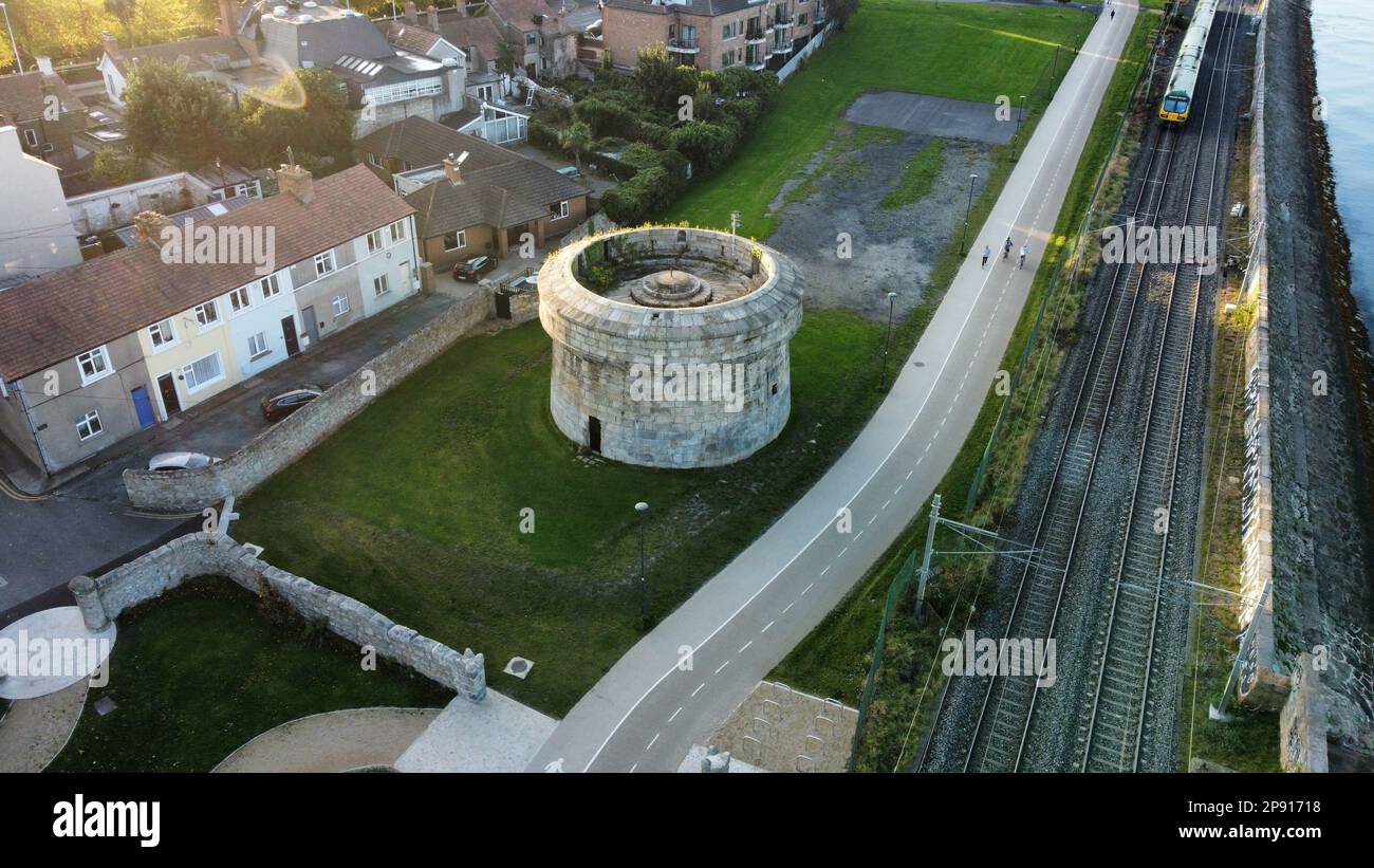 An aerial shot of The Martello Tower in Blackrock Park, Dublin, Ireland ...