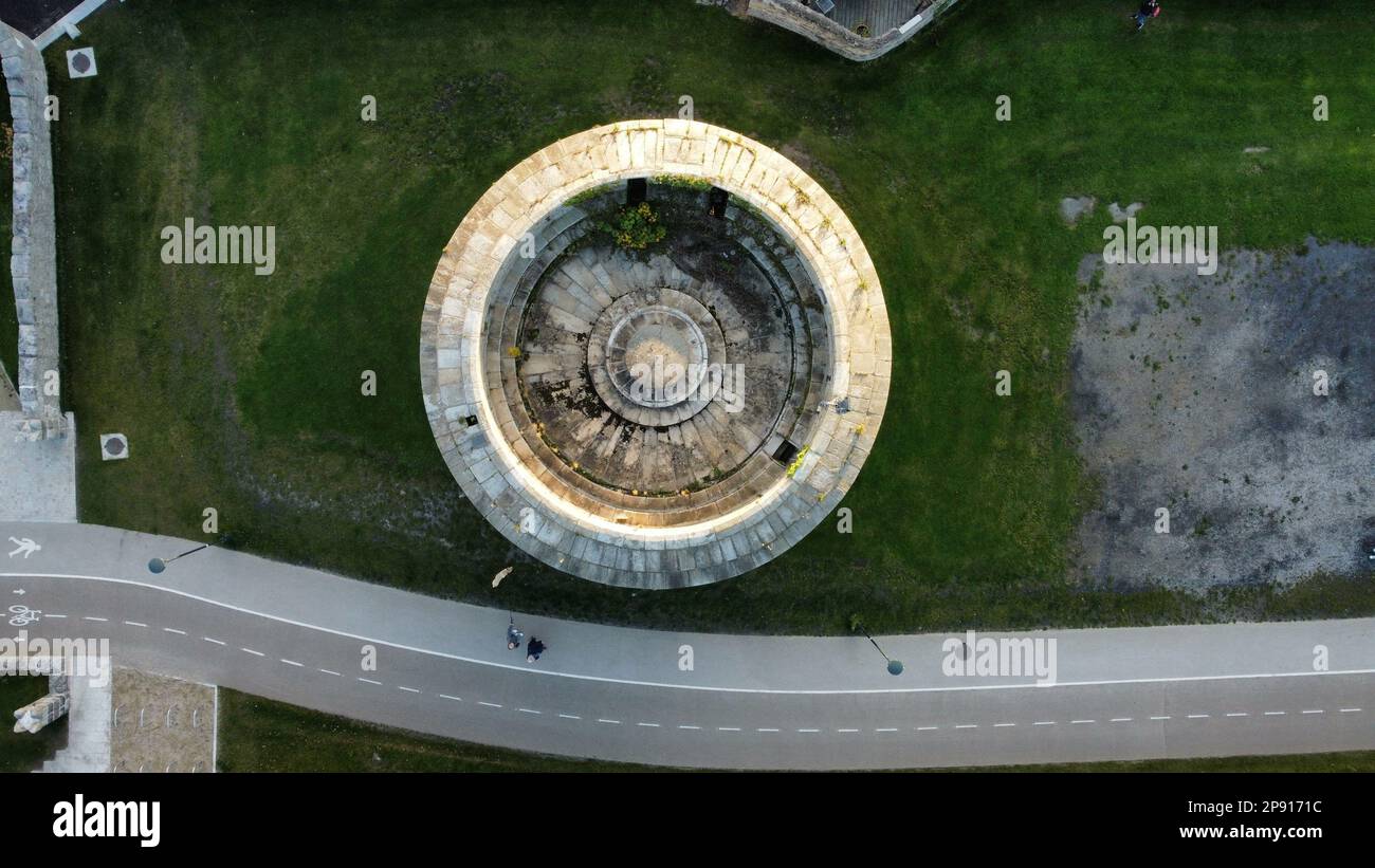 An aerial shot of The Martello Tower in Blackrock Park, Dublin, Ireland ...