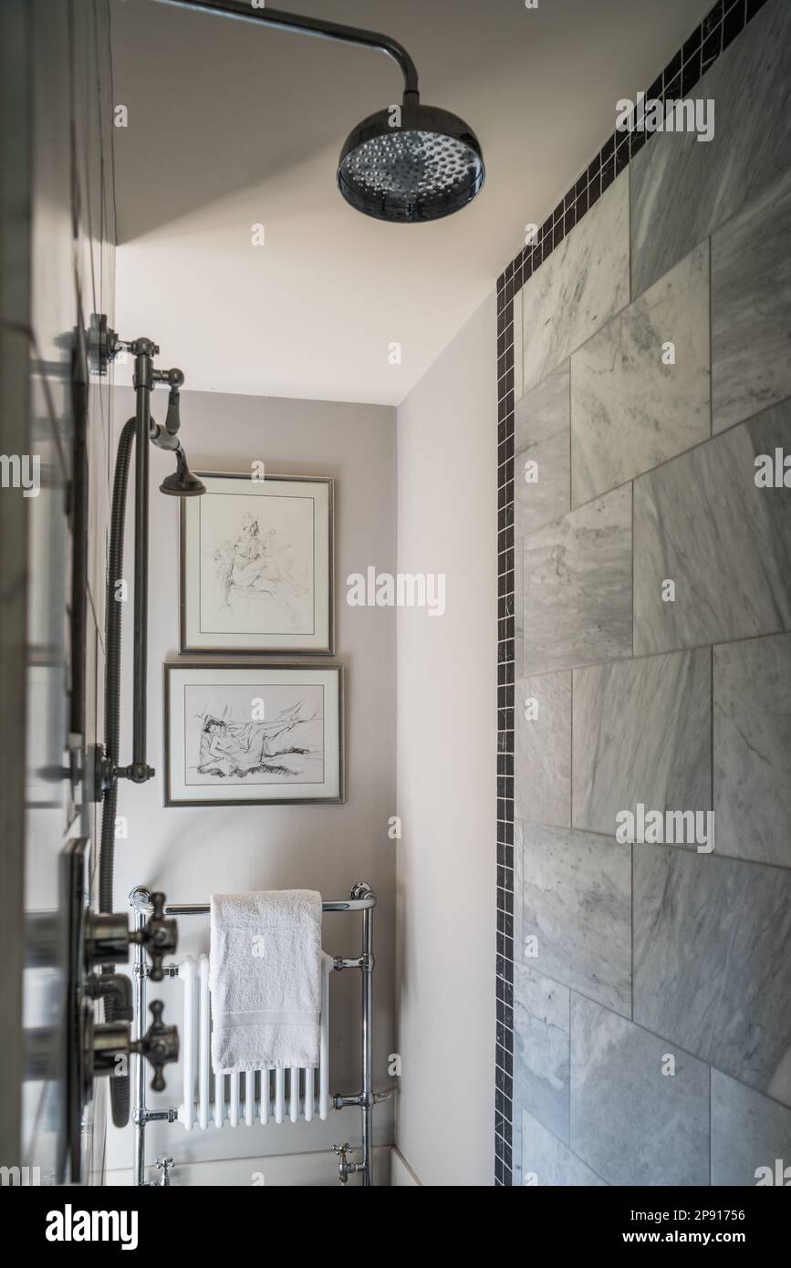 Shower fitting with framed line drawings in tiled wetroom of 16th ...