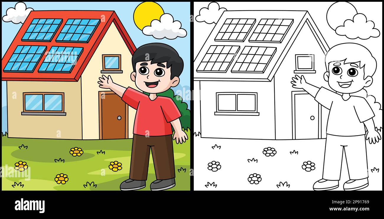 Boy with a Solar Panel House Coloring Illustration Stock Vector Image ...
