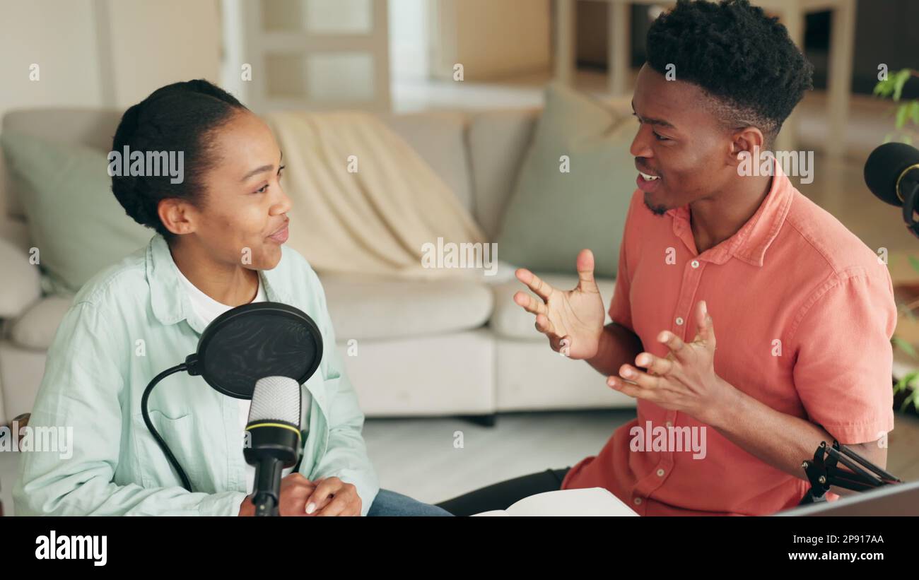 Interview, podcast and radio show with young influencer man and woman ...