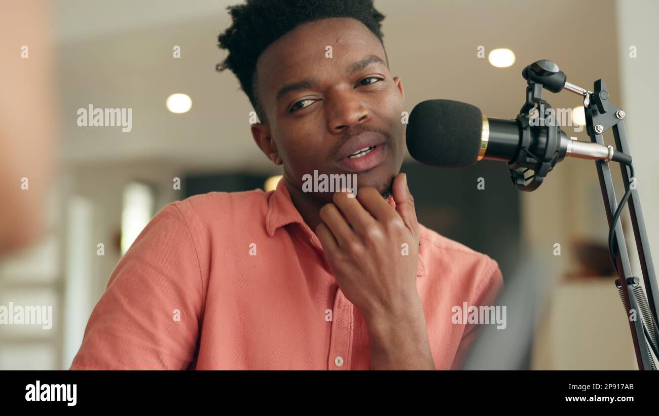 People doing an interview and talking with a mic for podcast. Speaking ...