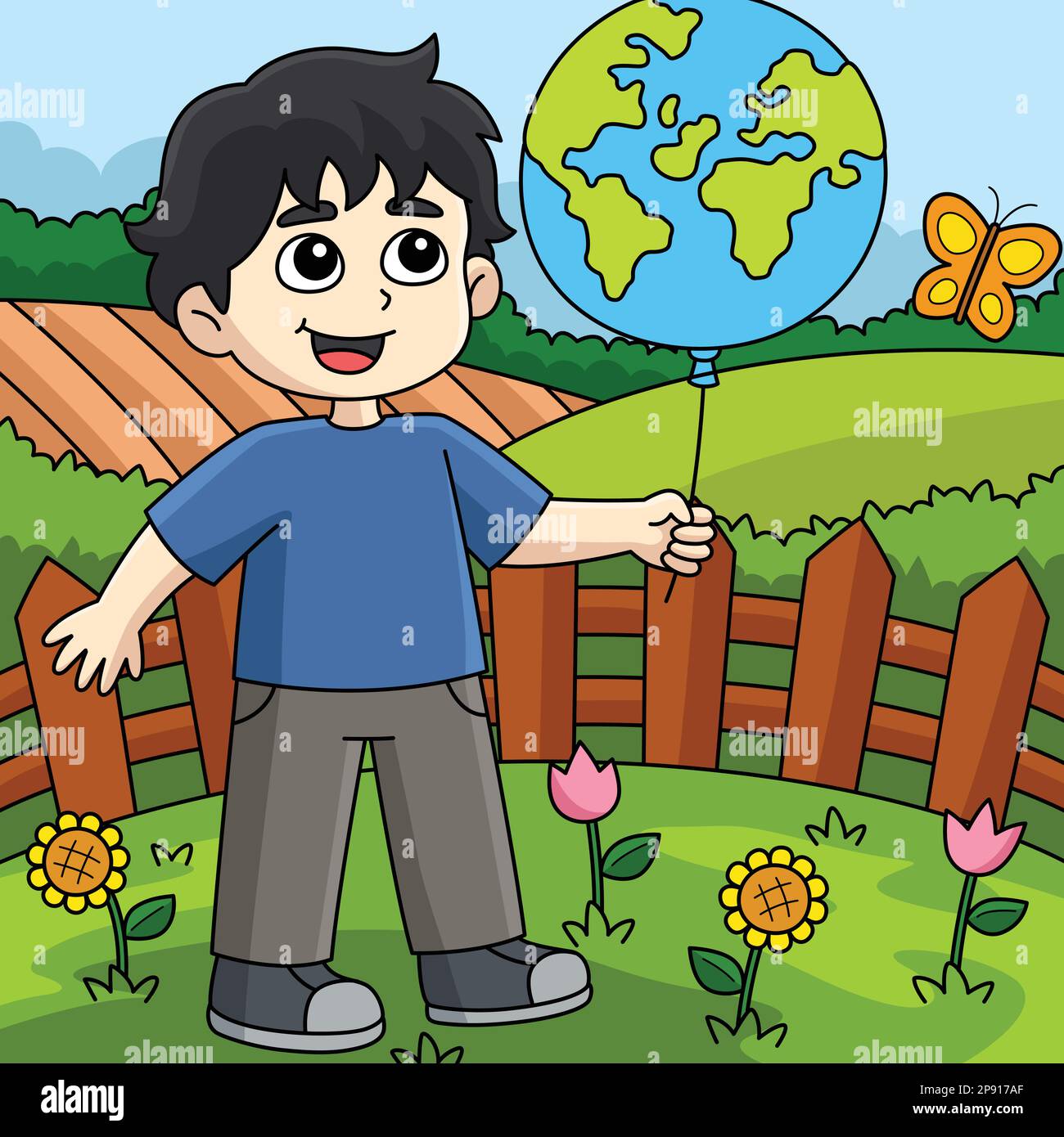 Boy Holding an Earth Balloon Colored Cartoon Stock Vector Image & Art ...