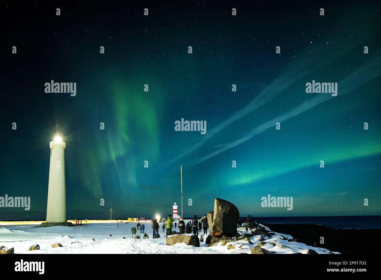 Northern Lights, or Aurora Borealis, display at Gardur Lighthouse ...