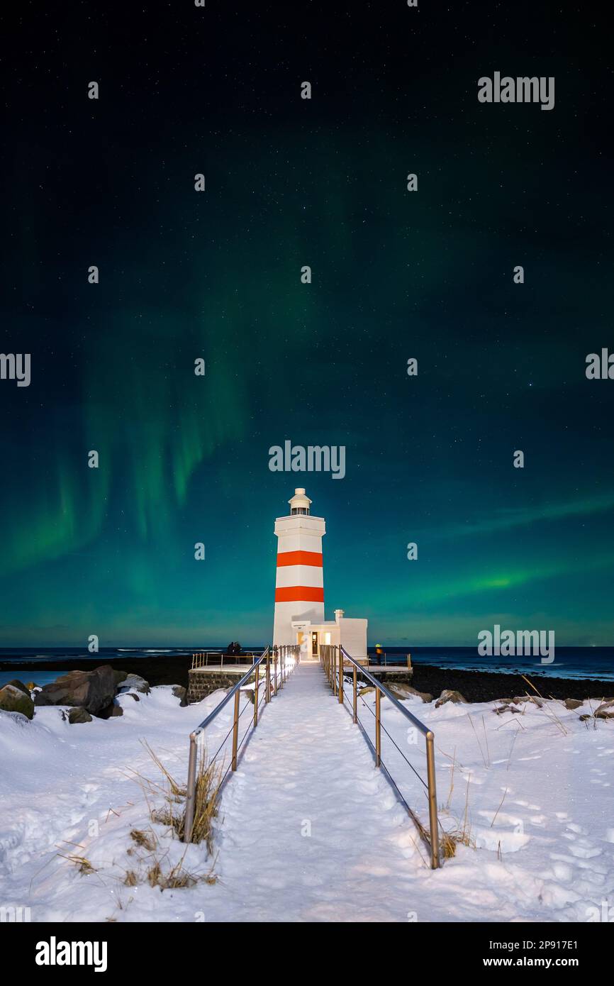Northern Lights, or Aurora Borealis, display at Gardur Lighthouse ...