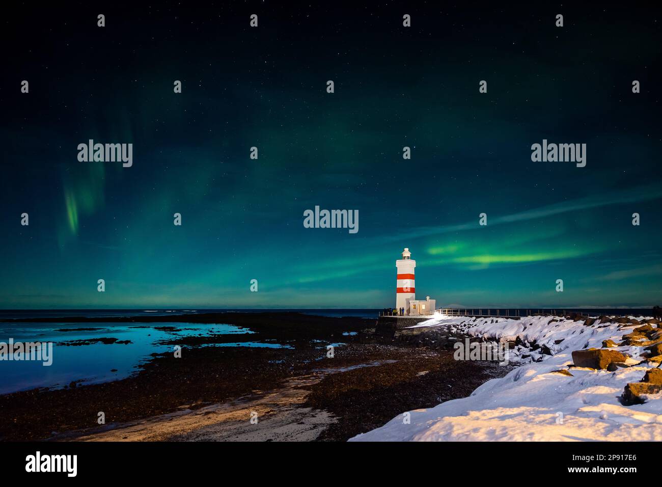 Northern Lights, or Aurora Borealis, display at Gardur Lighthouse ...