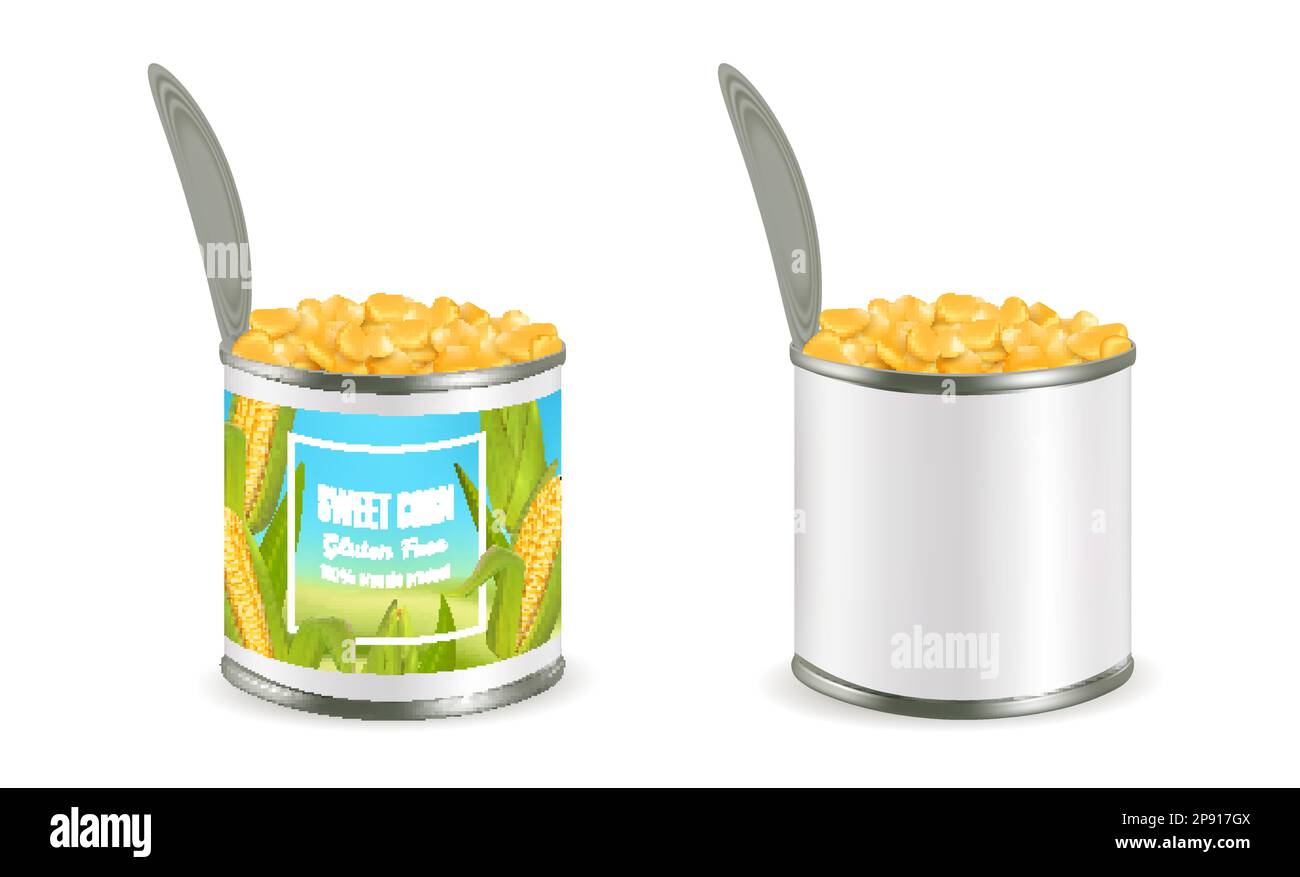 Canned corn package mockup set, vector realistic illustration Stock ...