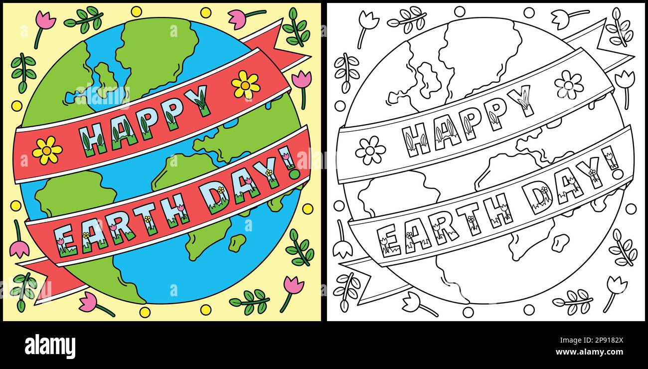 Happy Earth Day Coloring Page Colored Illustration Stock Vector Image ...