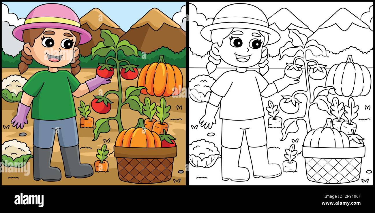 Girl Planting Vegetables Coloring Illustration Stock Vector Image & Art ...