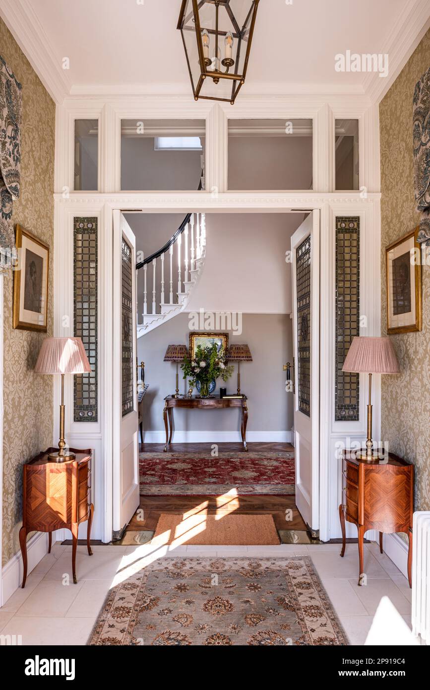 Symmetrical porch entrance to renovated 18th century Grade II listed ...