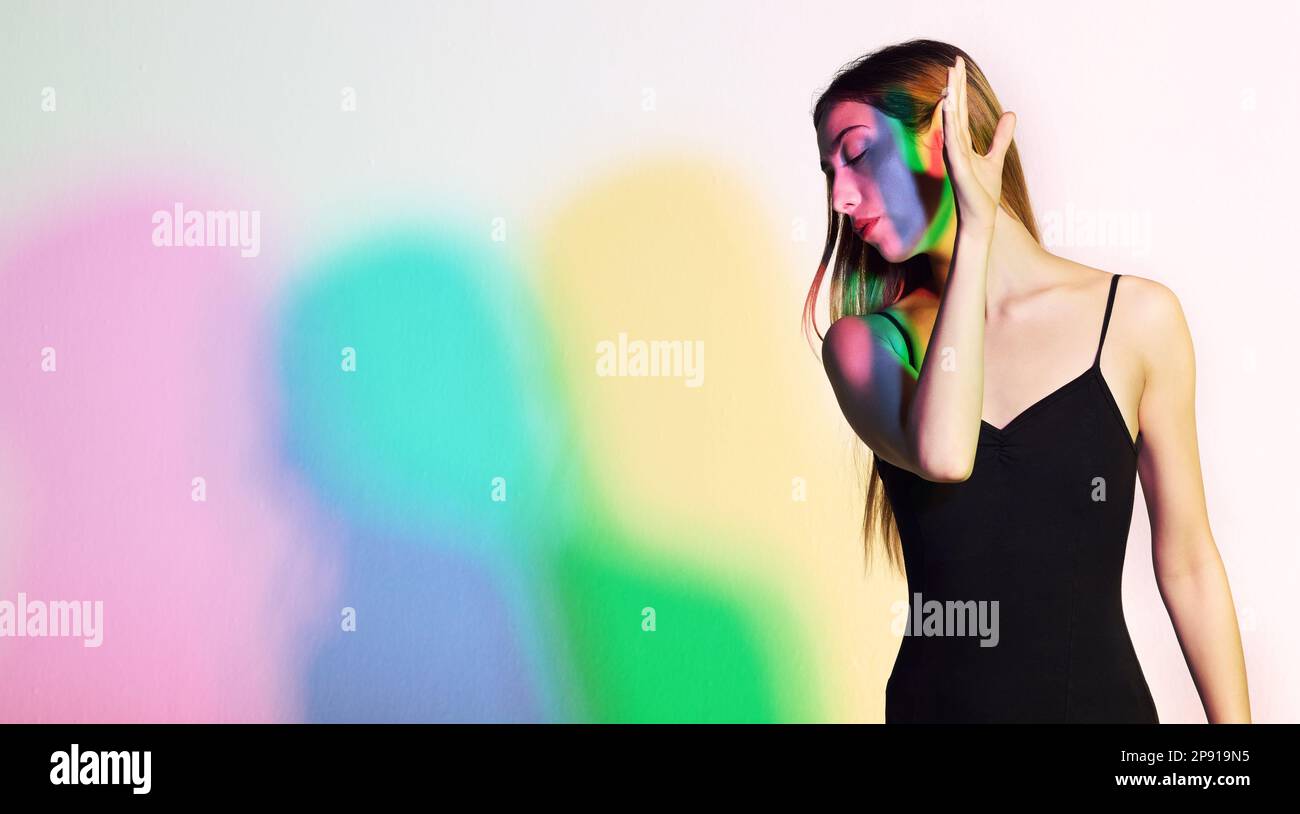 Light, beauty and fashion with woman in studio for creative, aesthetic ...