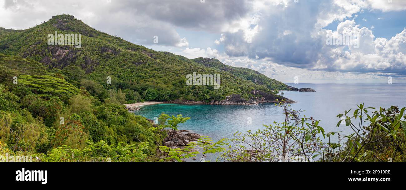 Panoramic view of Beach Anse Major (Mahe, Seychelles) from Point de Vue ...