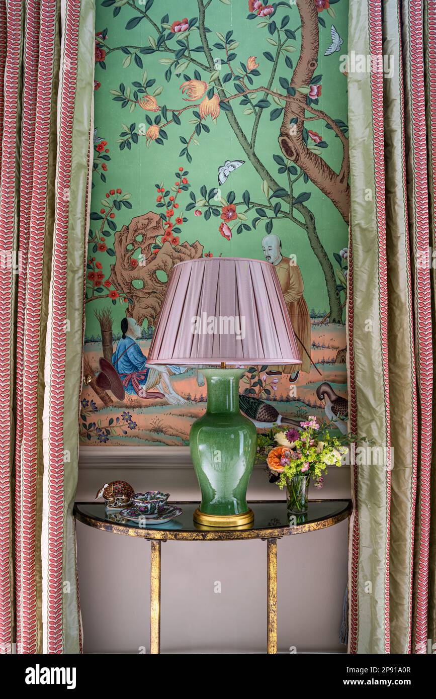 Hand painted De Gournay wallpaper with curtains by Colefax and Fowler ...