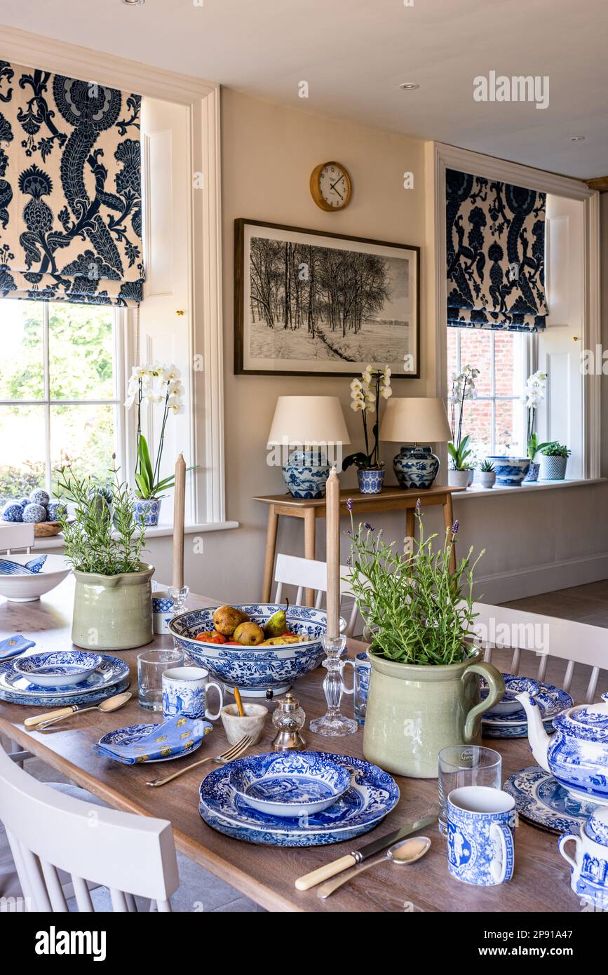 Schumacher's 'Shalkar Indigo' roman blinds and table for six in in 18th ...