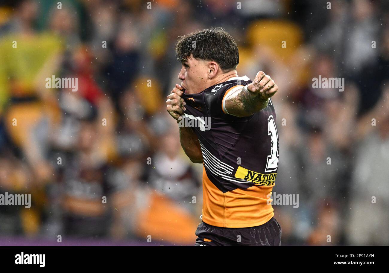 Reece Walsh of the Broncos celebrates scoring a try during the NRL ...