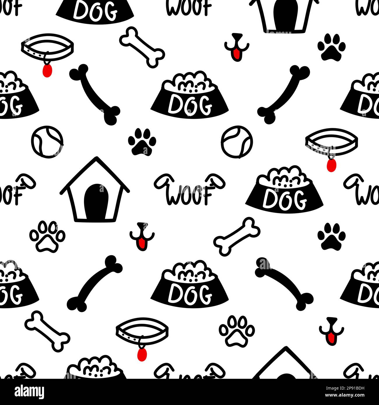 Cute dog paw, house and dog bone pattern - funny vector drawing ...