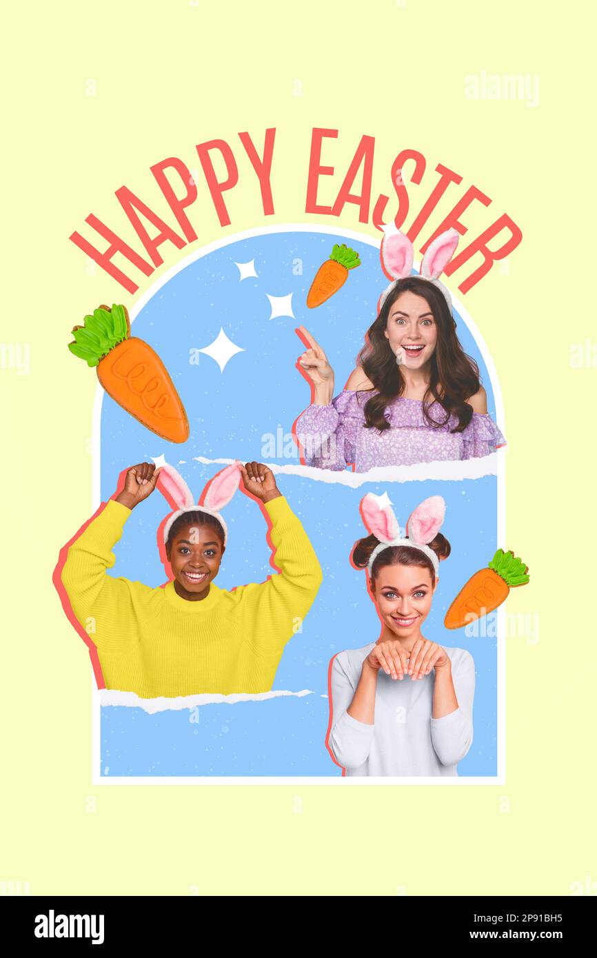 Three cute diversity girls advertising Easter costumes shop store ...