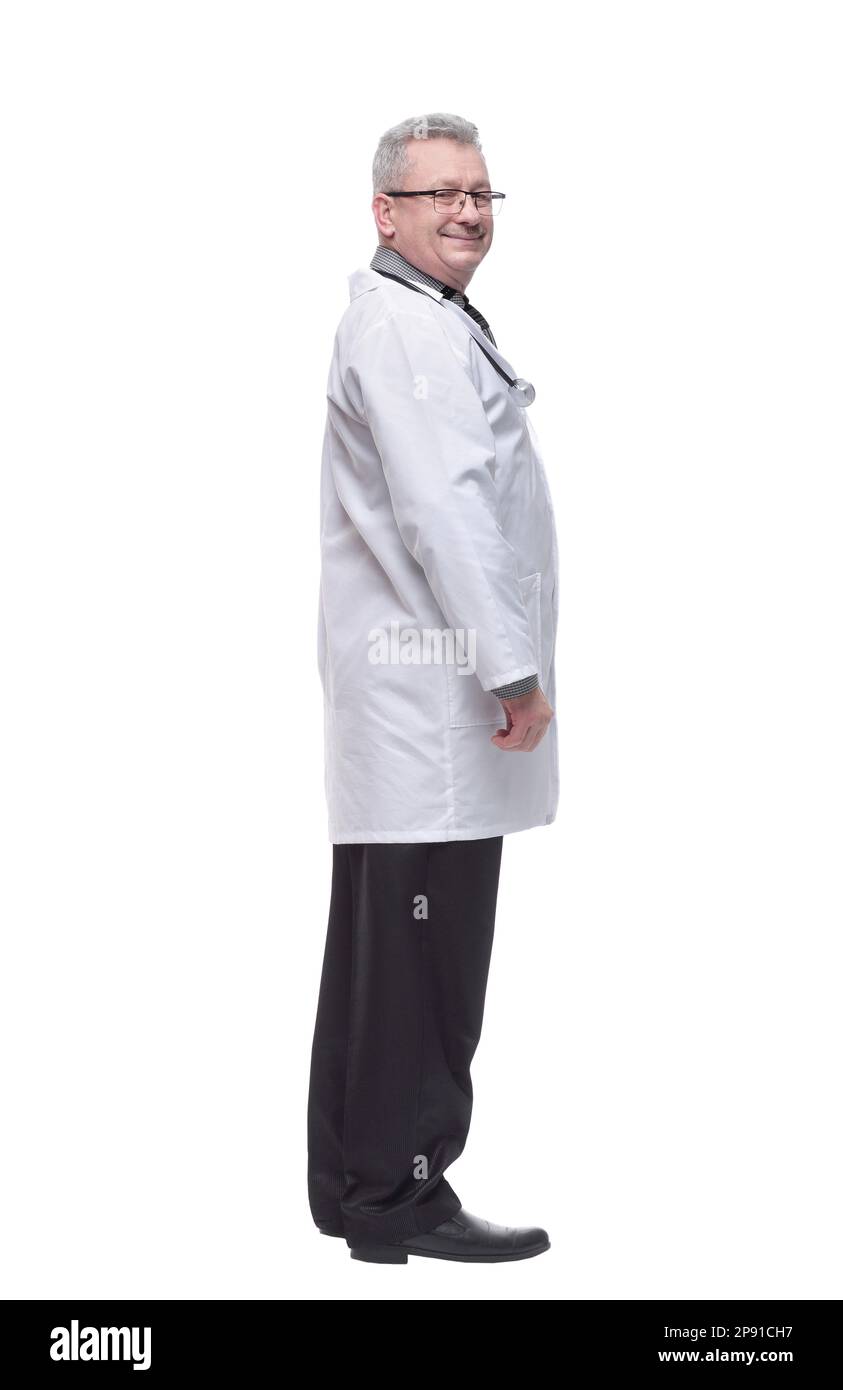 Rear view of medical doctor, man standing back wear doctors lab white ...