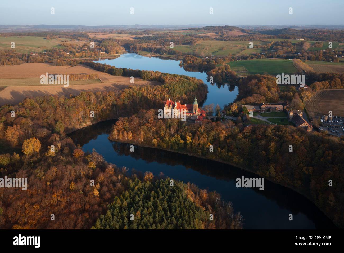 Aerial view of Czocha Castle located on the Lake Lesnia, near the Kwisa ...