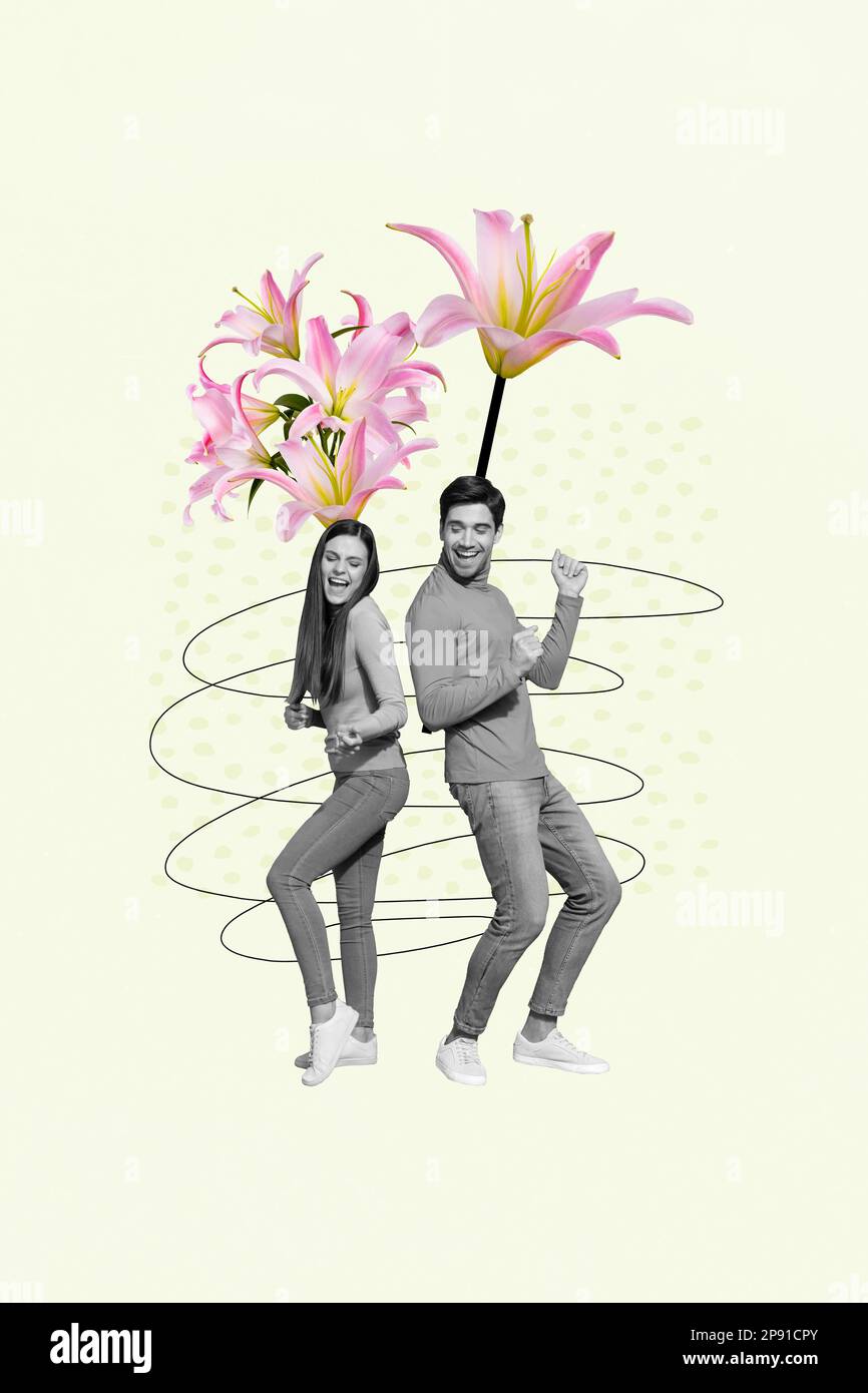 Two people dancing with funky huge lily flowers above heads surrounded ...