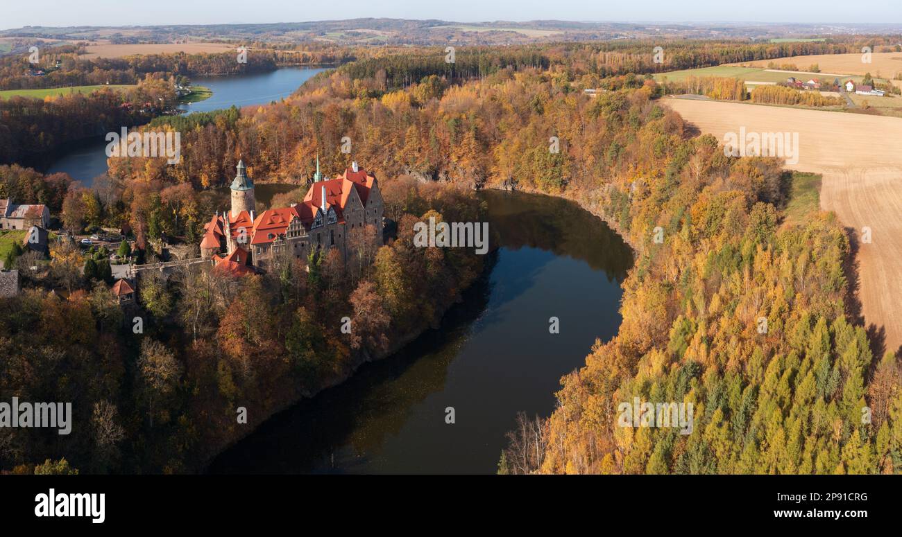 Aerial view of Czocha Castle located on the Lake Lesnia, near the Kwisa ...