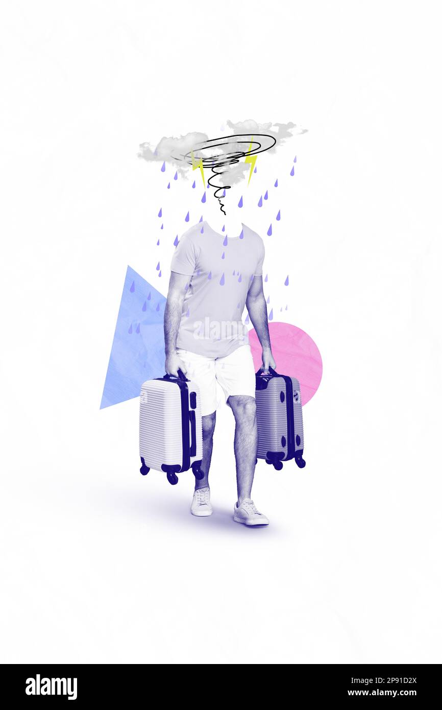 Collage photo of young headless stressed tourist hold baggage bags ...