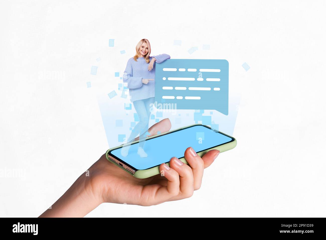 Modern hi tech design collage photo mature female hologram telephone ...