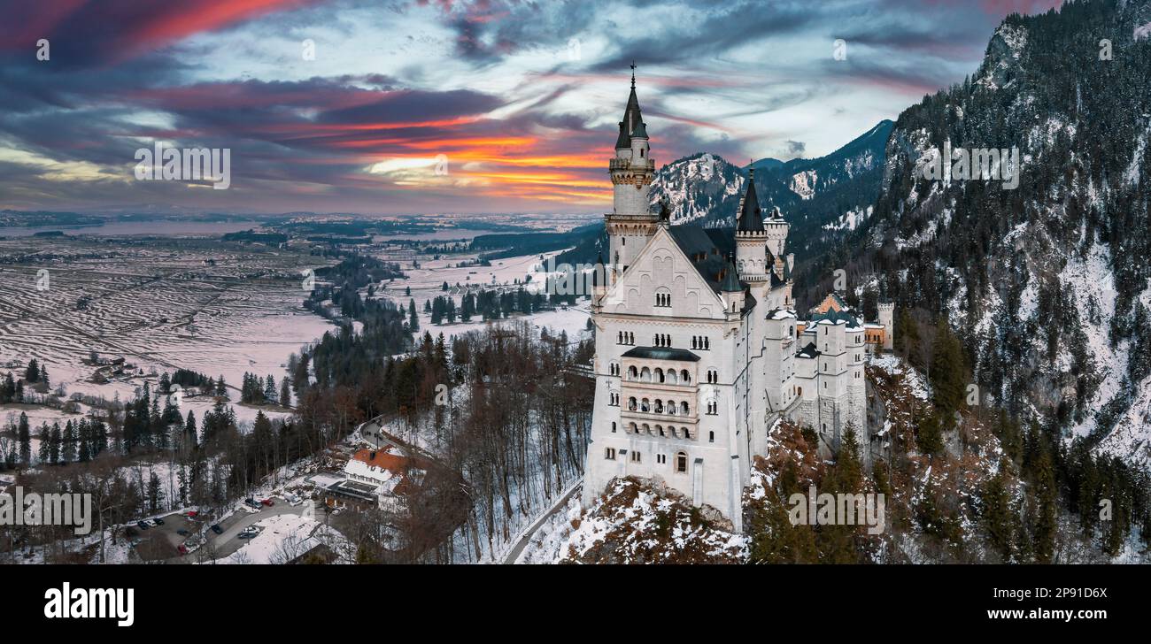 Aerial view of the Neuschwanstein Castle or Schloss Neuschwanstein on a ...