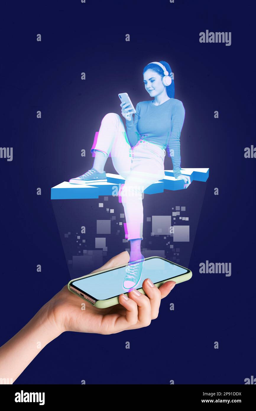 Future hi tech innovation collage picture young alive woman hologram ...