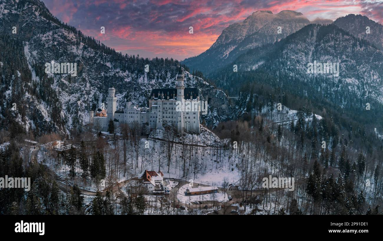 Aerial view of the Neuschwanstein Castle or Schloss Neuschwanstein on a ...