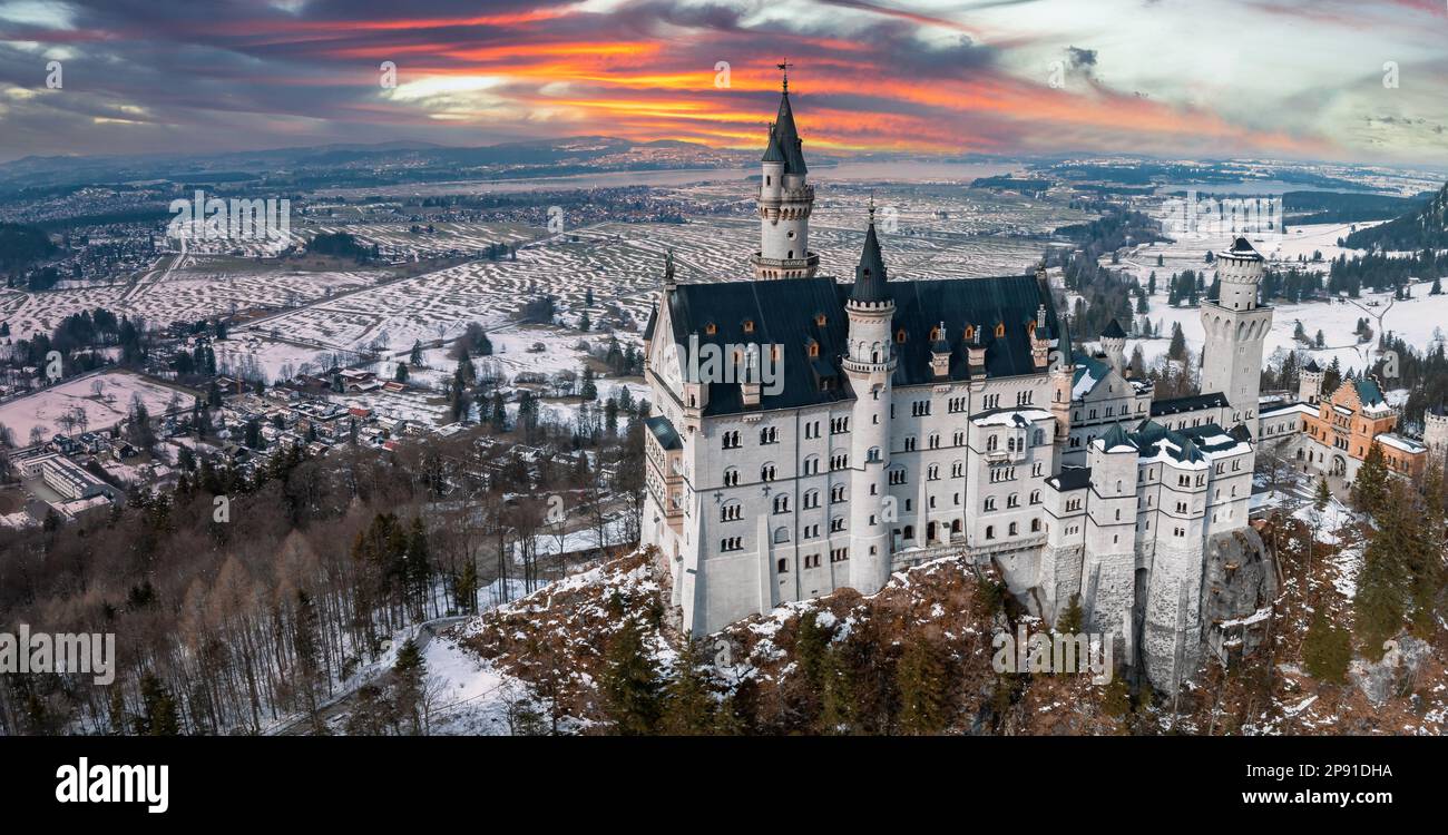 Aerial view of the Neuschwanstein Castle or Schloss Neuschwanstein on a ...