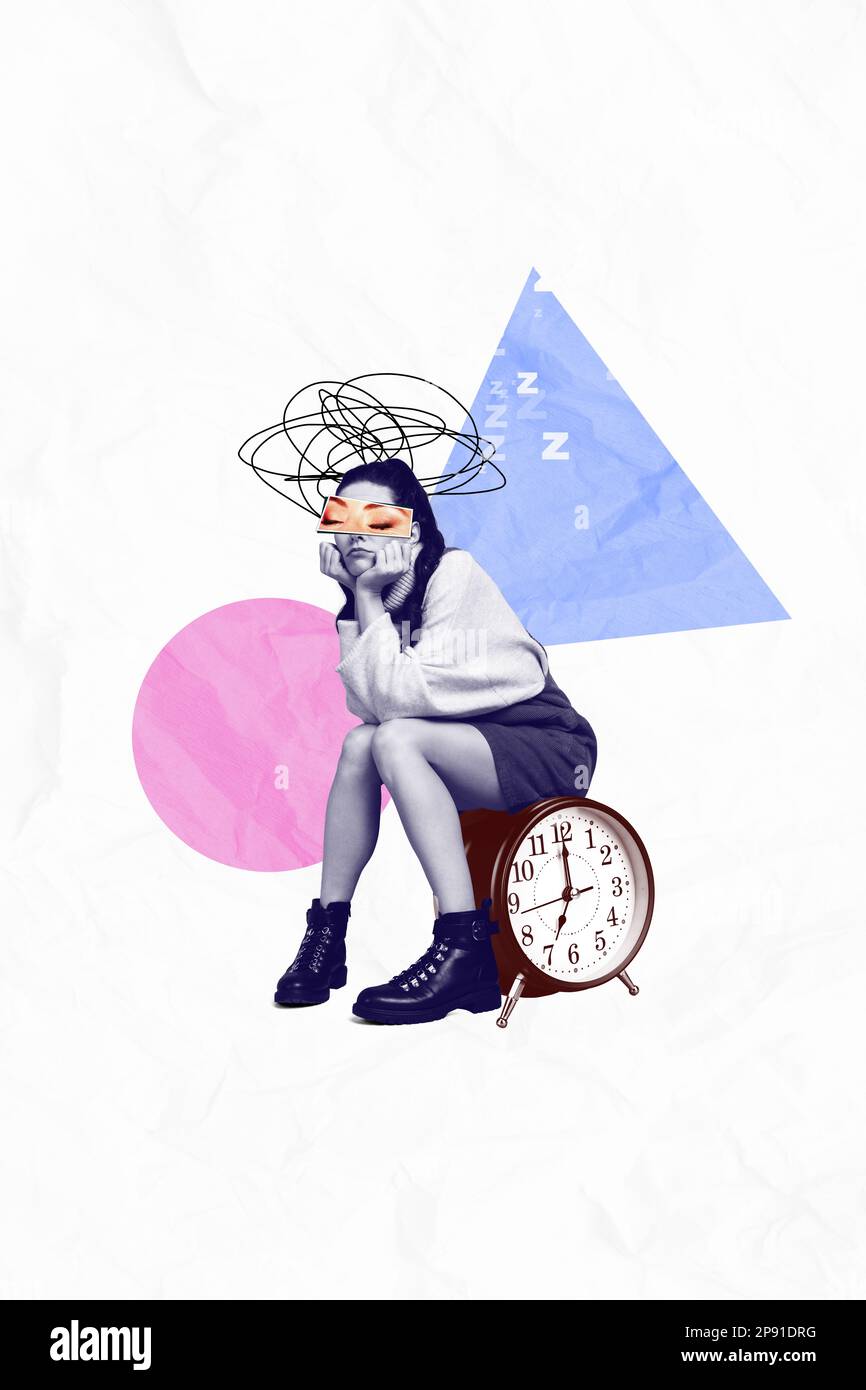 Collage artwork graphics picture of tired lady sleeping sitting retro ...