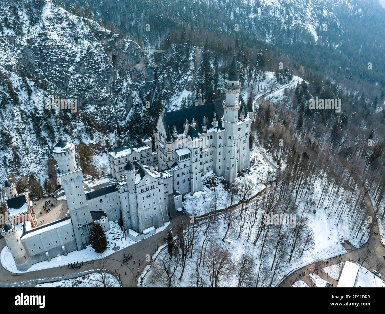 Aerial view of the Neuschwanstein Castle or Schloss Neuschwanstein on a ...