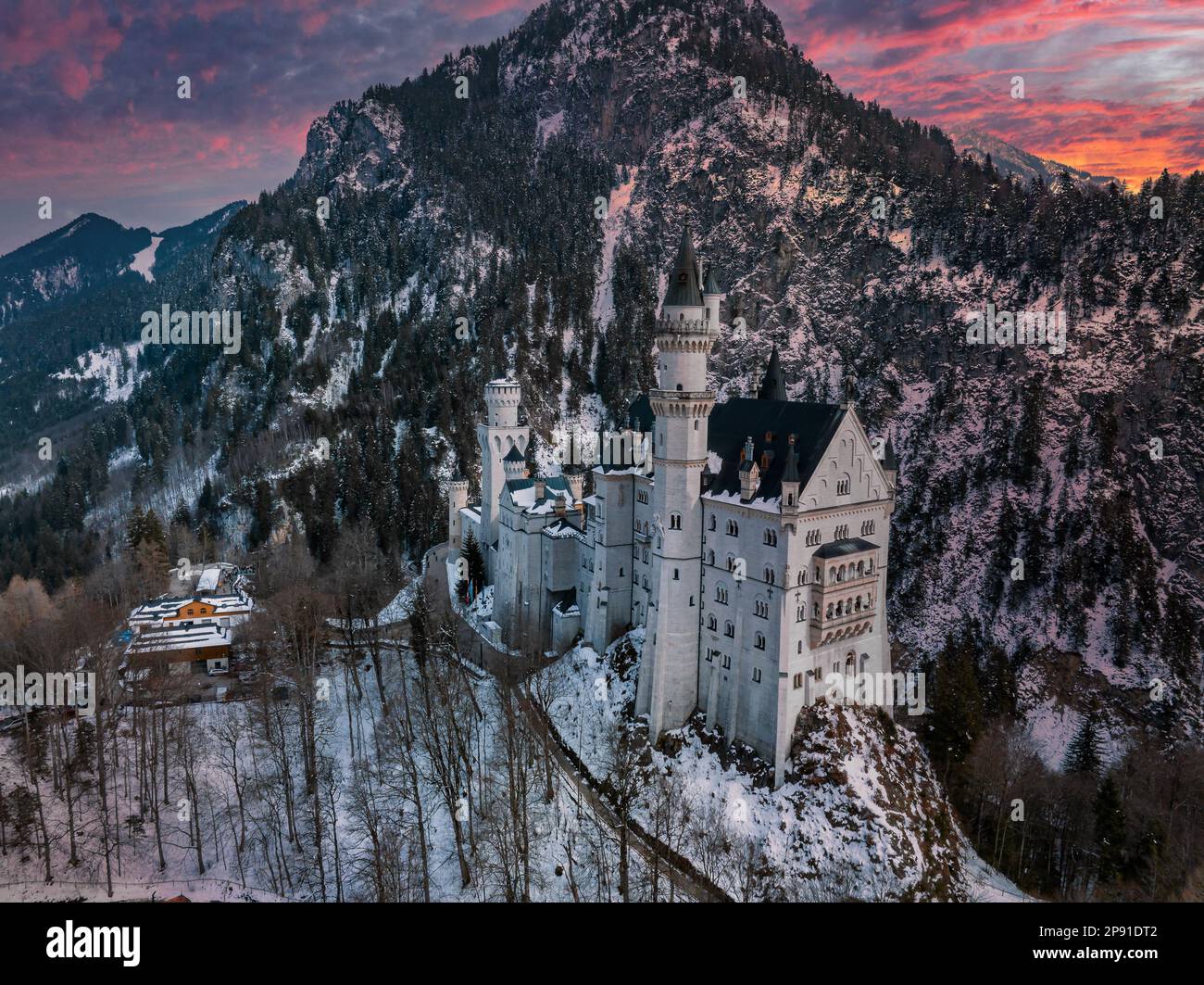 Aerial view of the Neuschwanstein Castle or Schloss Neuschwanstein on a ...