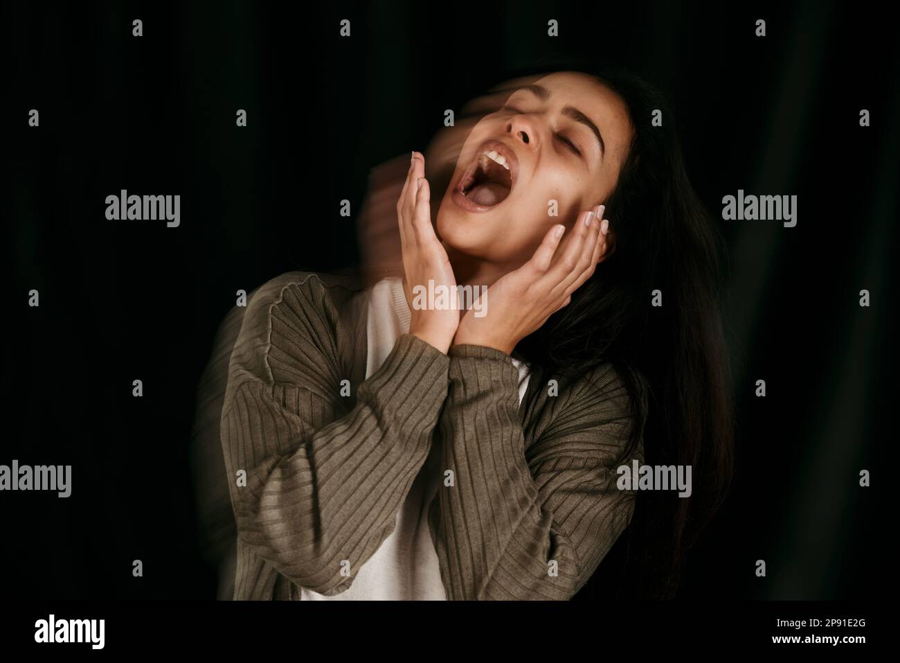 Crazy, bipolar woman crying, frustrated or anxiety on black studio ...