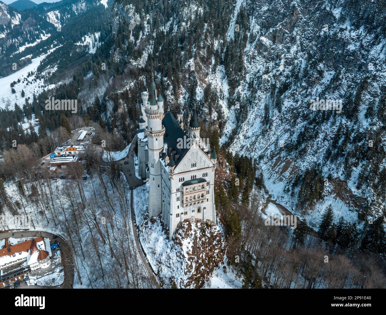 Aerial view of the Neuschwanstein Castle or Schloss Neuschwanstein on a ...