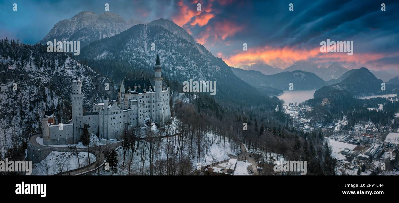 Aerial view of the Neuschwanstein Castle or Schloss Neuschwanstein on a ...