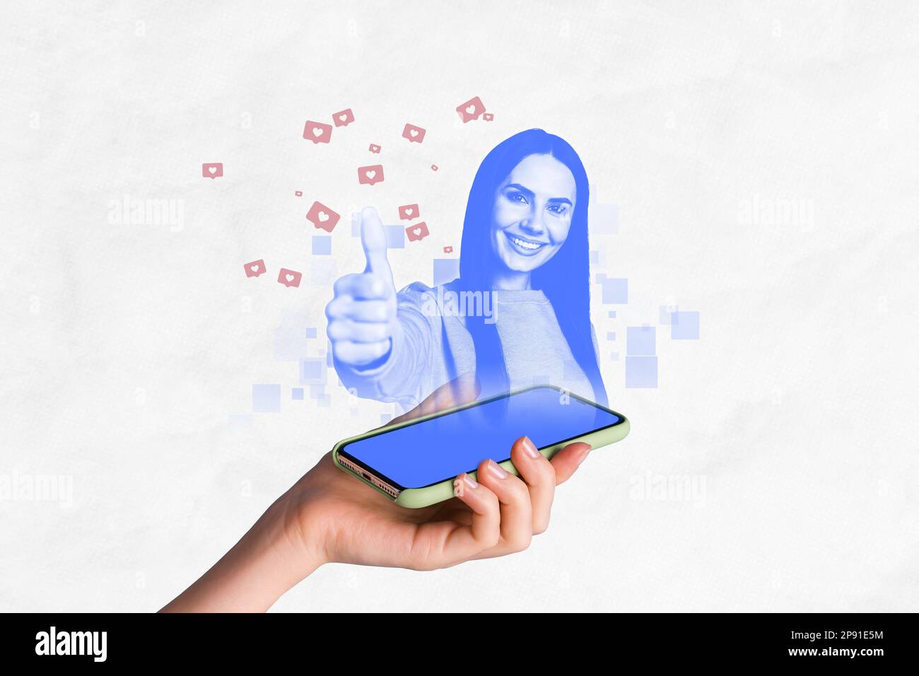 Hi tech conceptual collage of young girl hologram picture under big ...