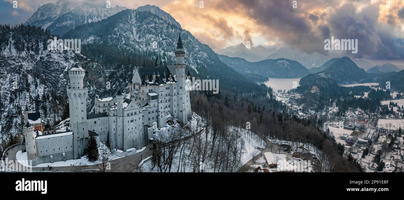Aerial view of the Neuschwanstein Castle or Schloss Neuschwanstein on a ...