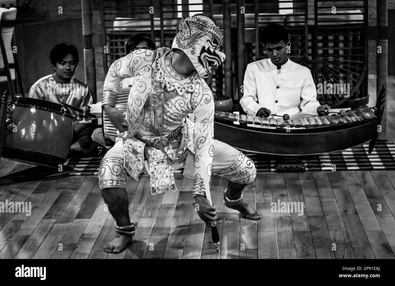 A traditional Khmer dancer in Cambodia performs on a river cruise ship ...
